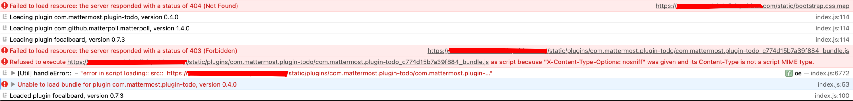 Sidebar UI elements not visible on Web clients (403 on loading js for plugin_com.mattermost ...