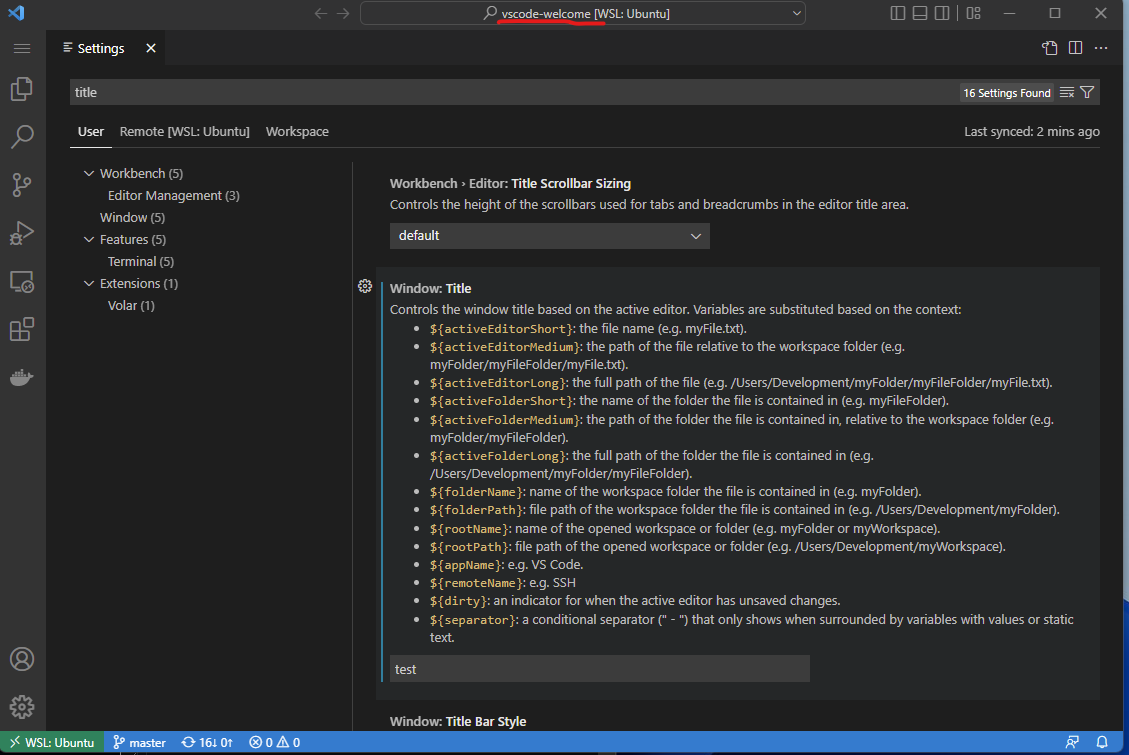 Command center doesn't use the Window:title setting · Issue #161232 · microsoft/vscode · GitHub