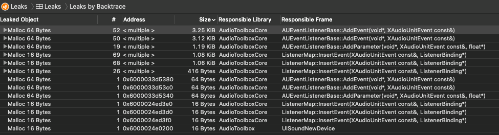 static audio graph of 6 nodes, no sound, memory leak. code attached ...