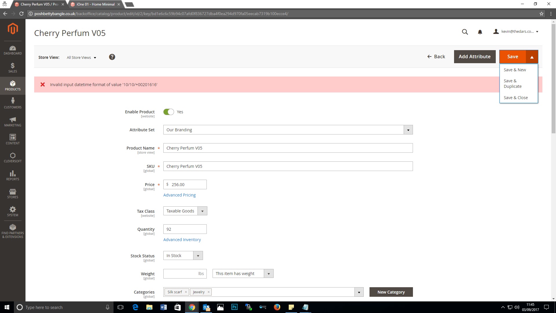 Product change error when saving gives = invalid input datetime format of value '10/10/+00201616 ...