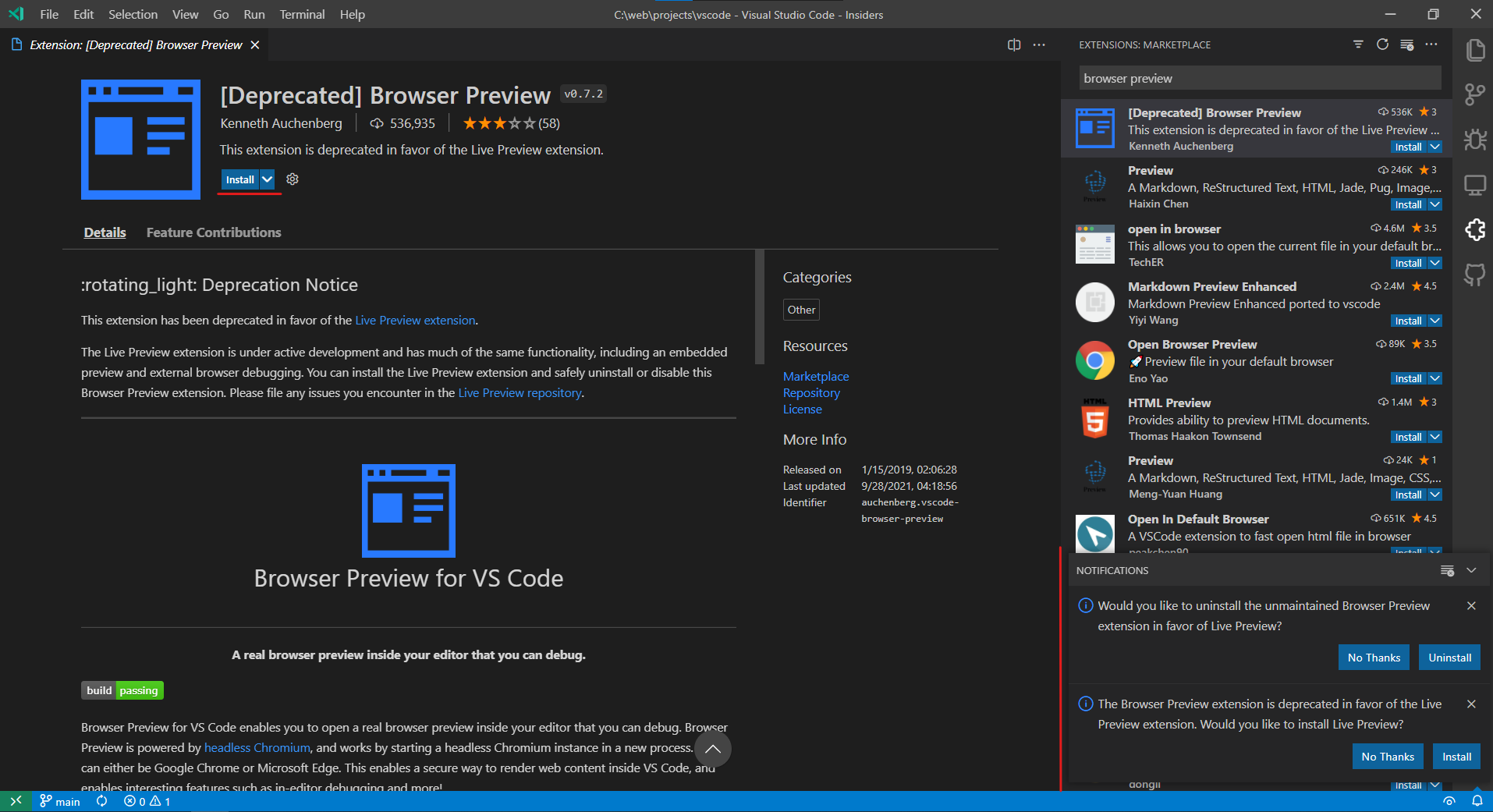 Two notifications about Browser Preview/Live Preview even if I don't ...