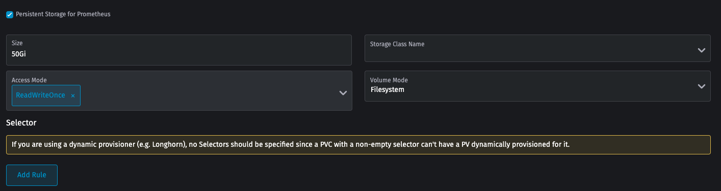 [Monitoring V2 UI] PV options for Prometheus & Grafana should be required and validated as ...