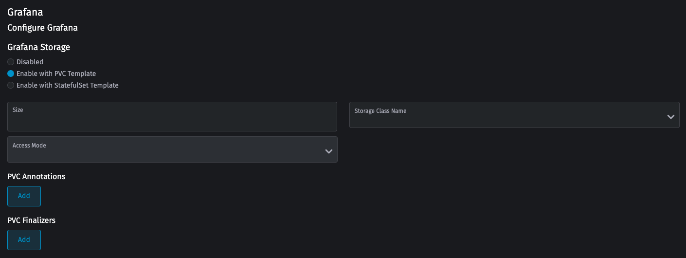 [Monitoring V2 UI] PV options for Prometheus & Grafana should be required and validated as ...