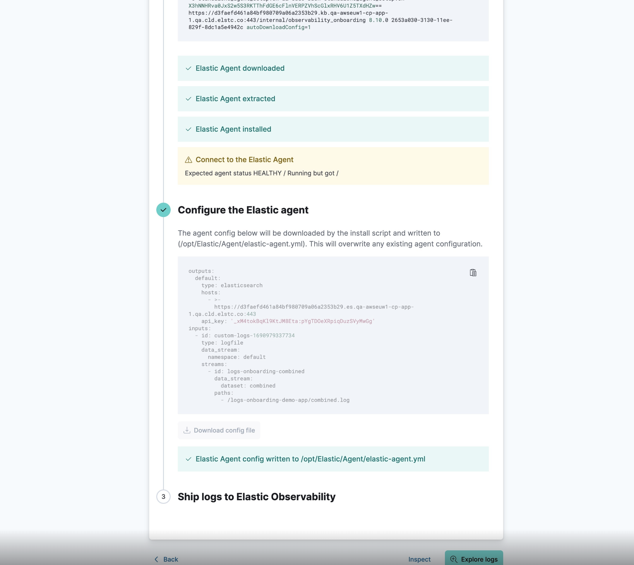 [Logs onboarding] Elastic agent status always in warning state · Issue #163163 · elastic/kibana ...