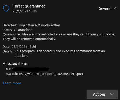 Microsoft Defender found virus Trojan:Win32/CryptInject!ml on 3.5.6 windows portable release ...