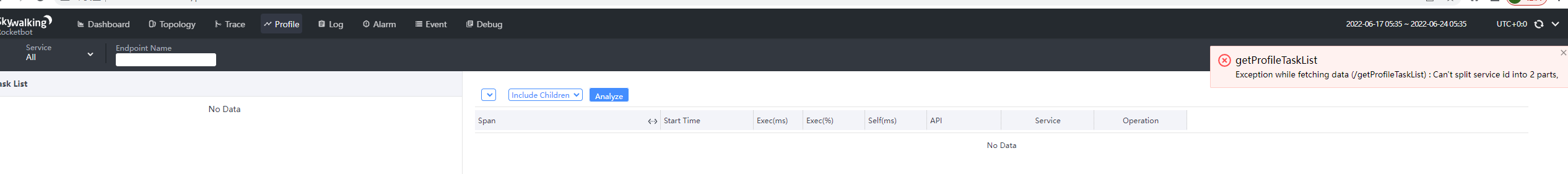 [Bug] skywalking 8.9.1 ： create task occur Exception while fetching data (/getProfileTaskList ...