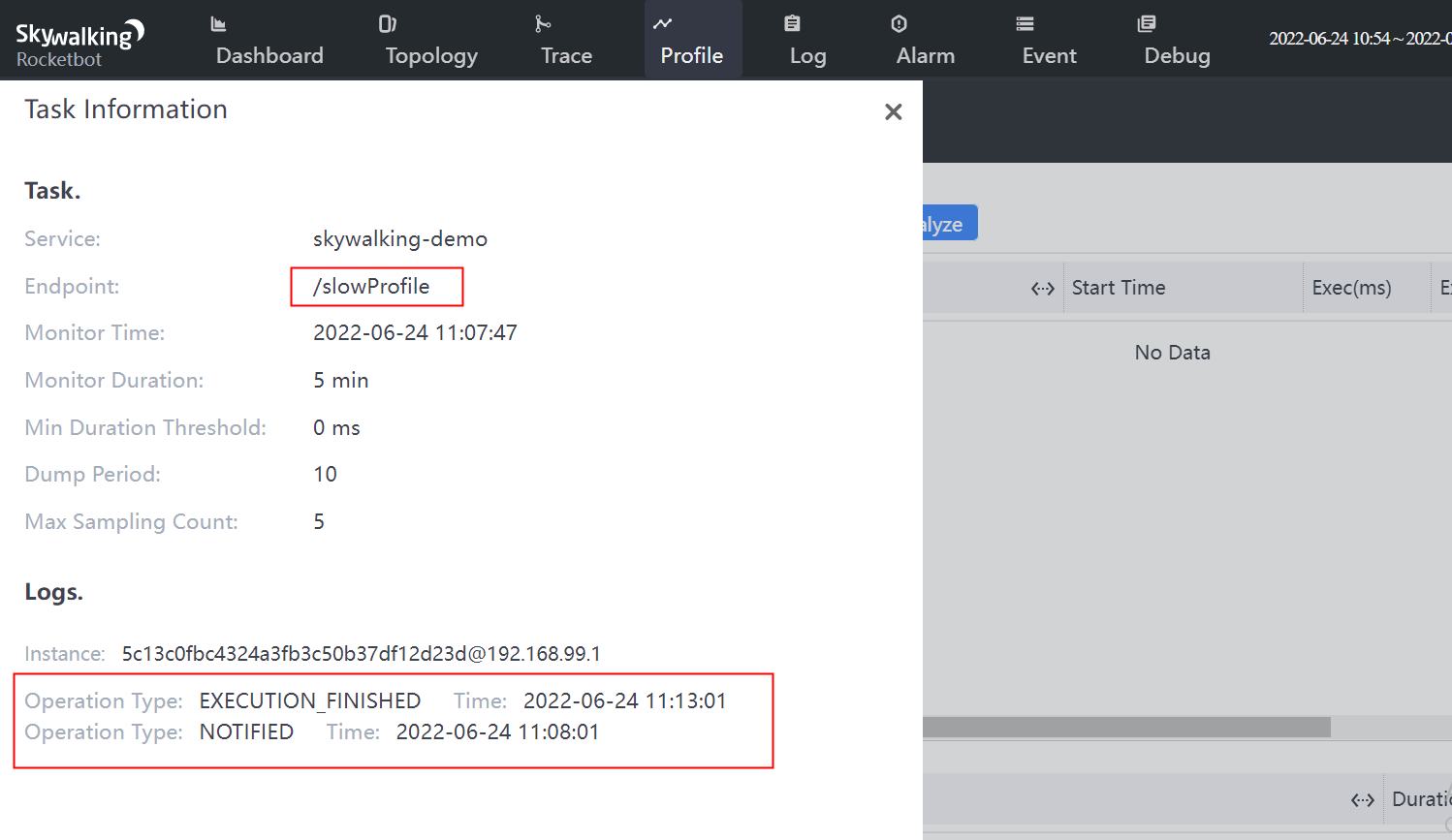 [Bug] skywalking 8.9.1 ： create task occur Exception while fetching data (/getProfileTaskList ...