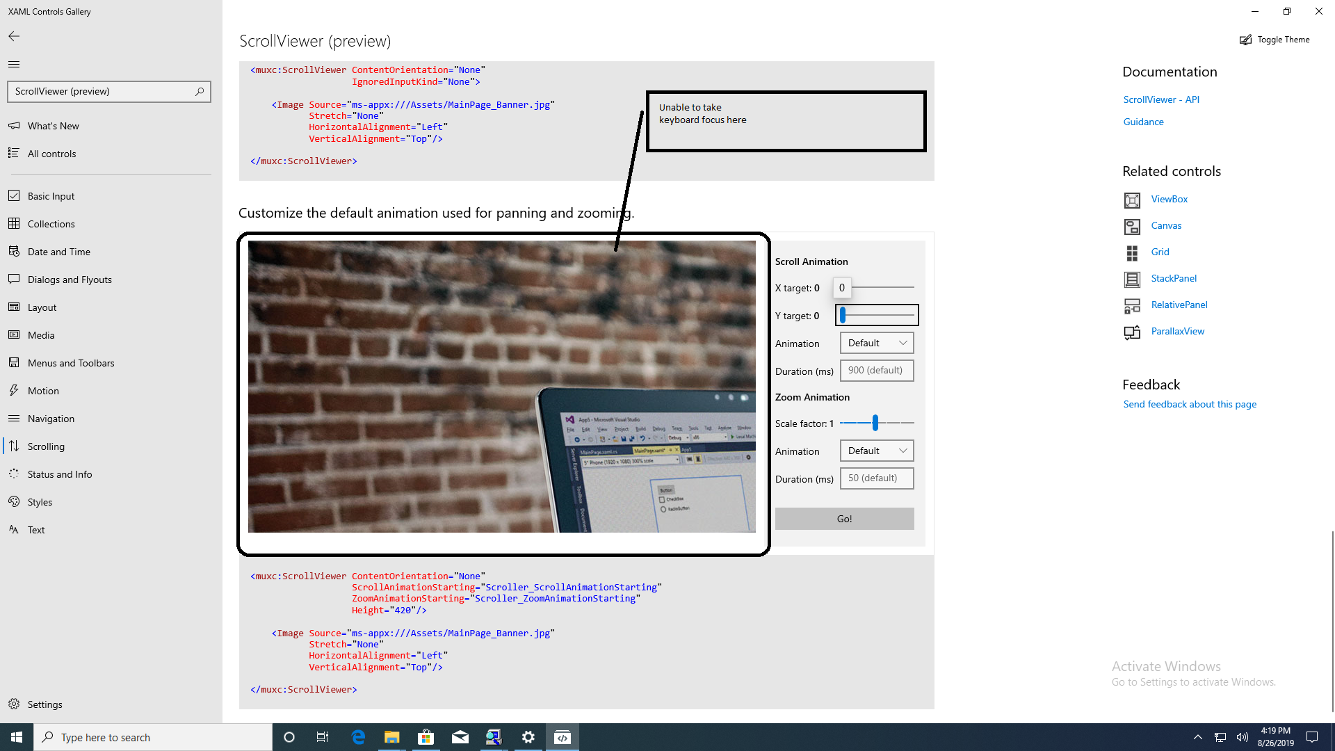 Keyboard focus doesn't move to the ScrollViewer pane present under header "Constrain the layout ...