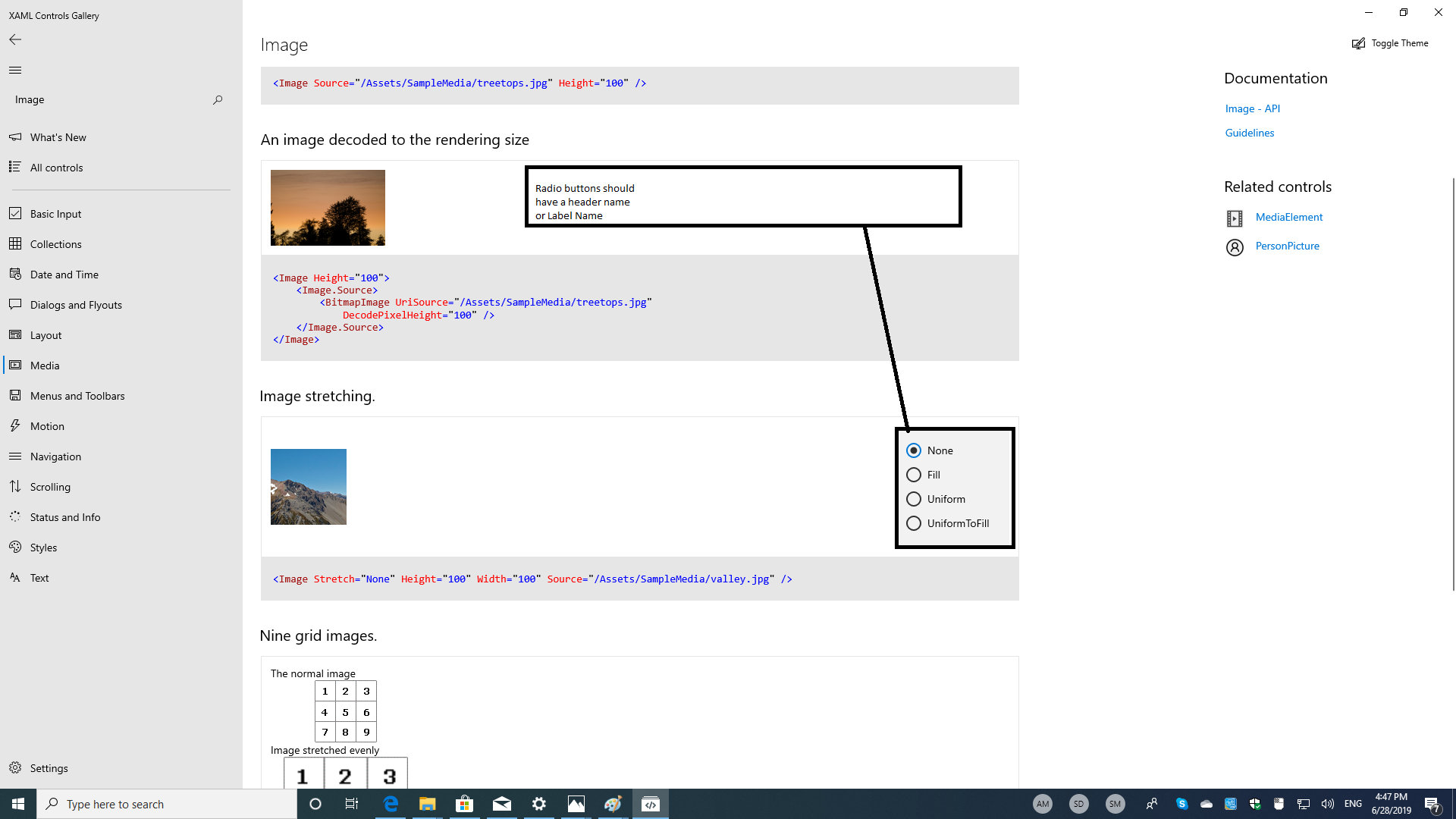 Radio buttons "None, Fill, Uniform, Uniform To fill" present in image page should have a group ...