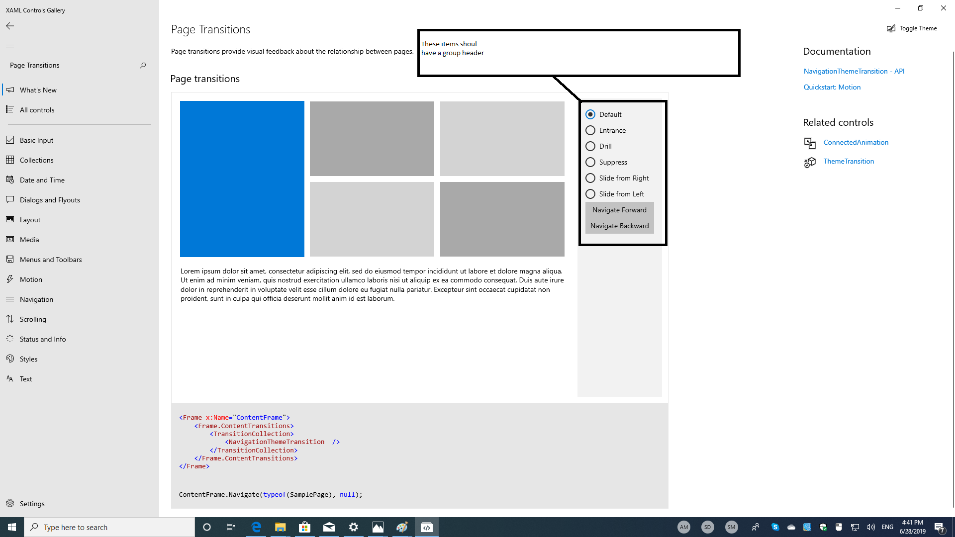 Radio buttons and buttons present in Page Transitions page should have a group header. · Issue ...