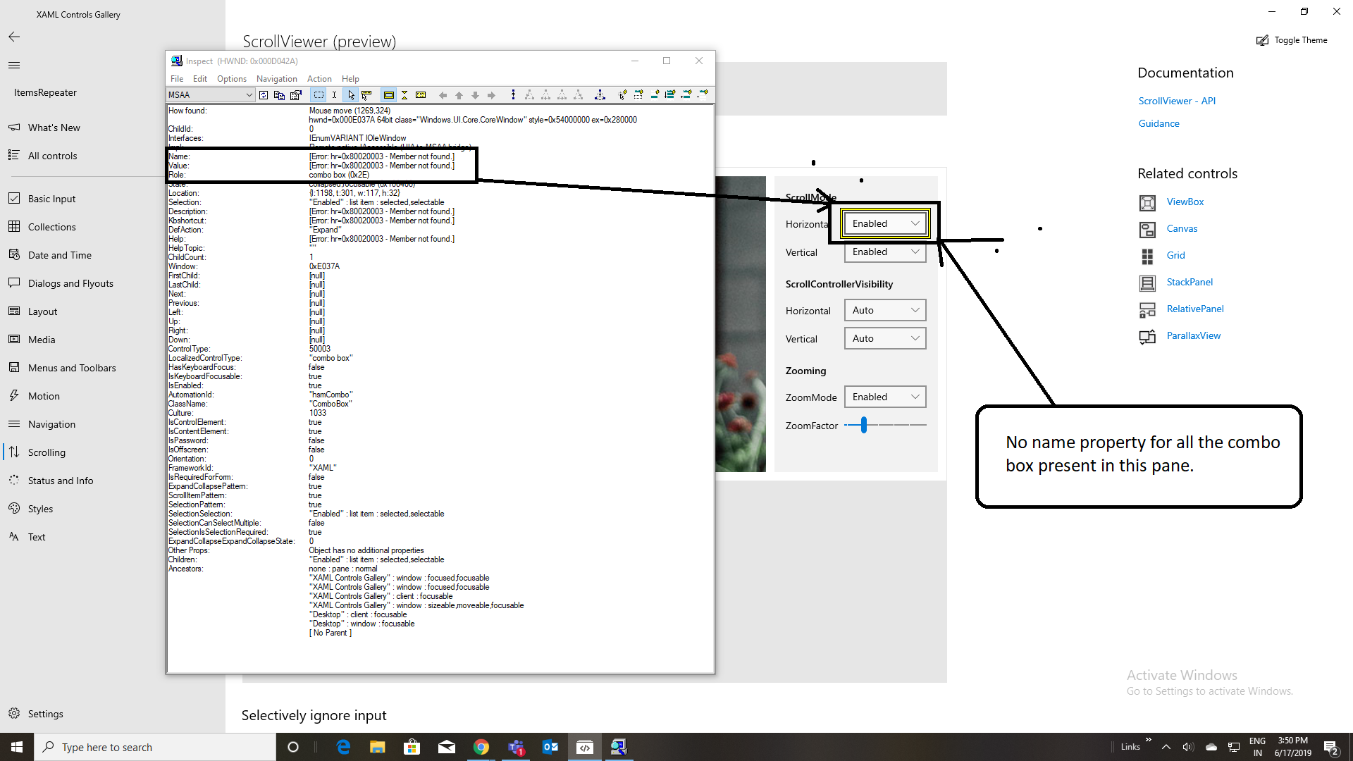 There is no name property for all the combo box inside Scroll Viewer ...