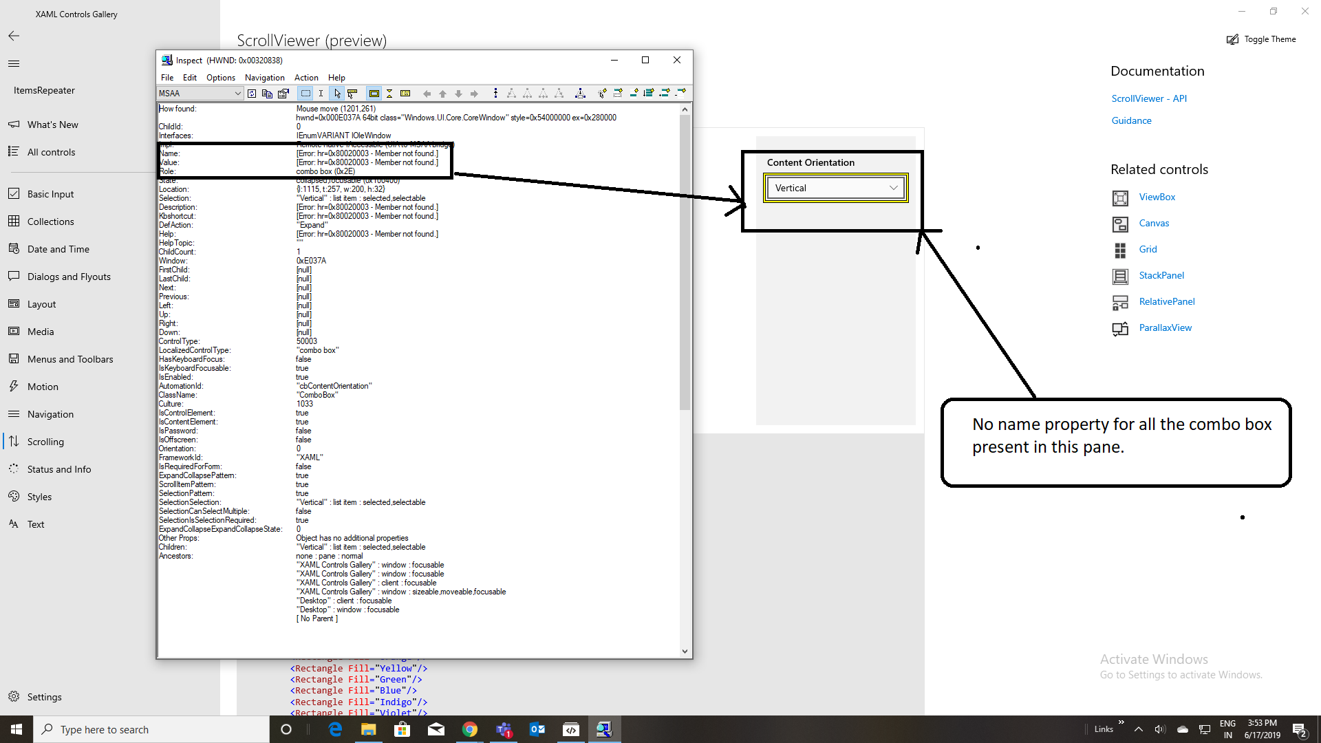 There is no name property for all the combo box inside Scroll Viewer ...