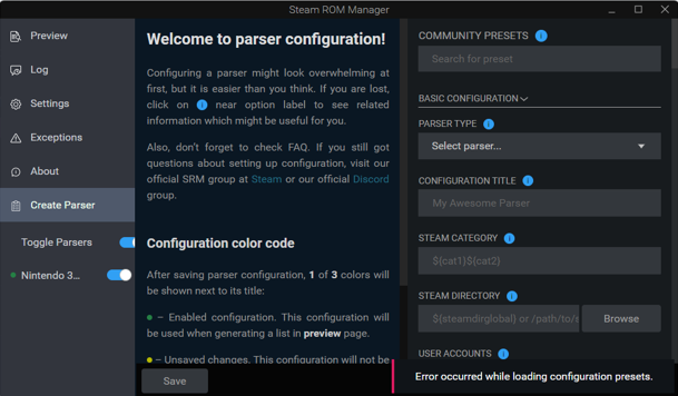 steam rom manager error occurred while loading configuration presets ...