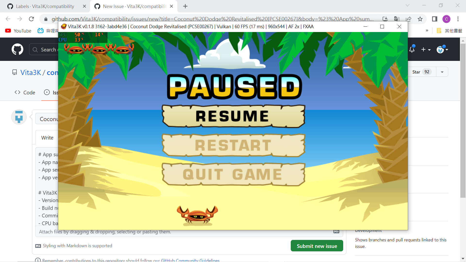 Coconut Dodge Revitalised [PCSE00267] · Issue #1494 · Vita3K/compatibility · GitHub