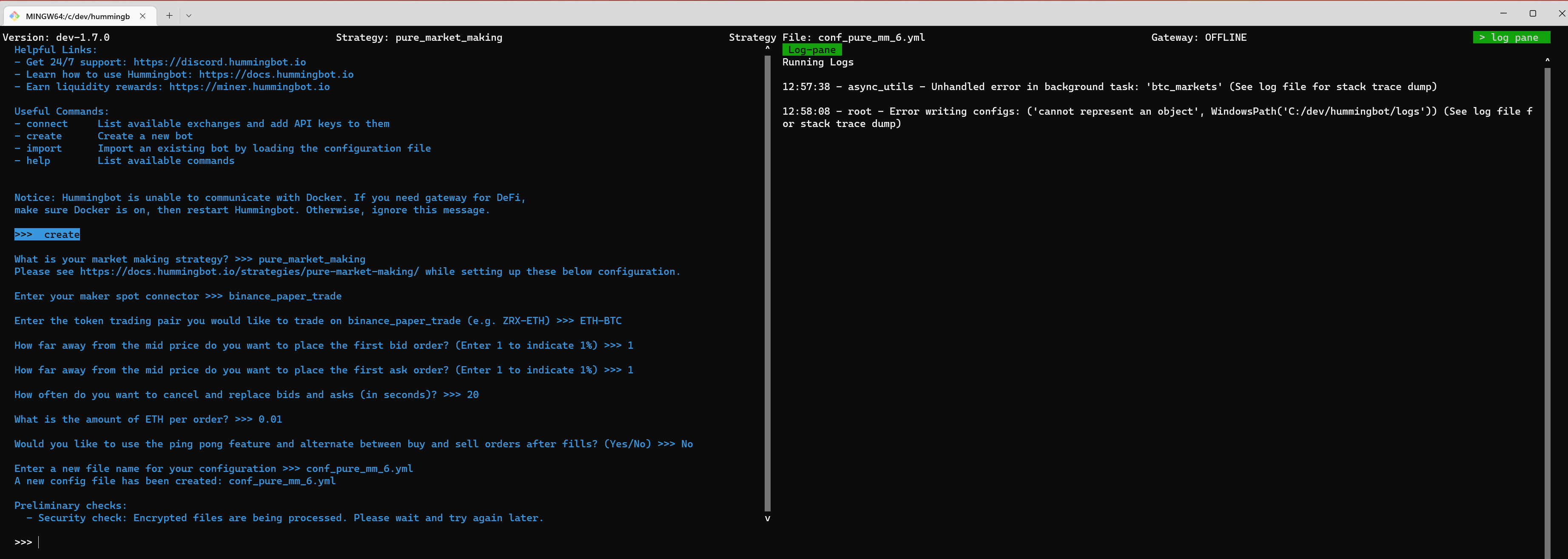 Error writing configs: ('cannot represent an object', WindowsPath('C:/dev/hummingbot/logs ...