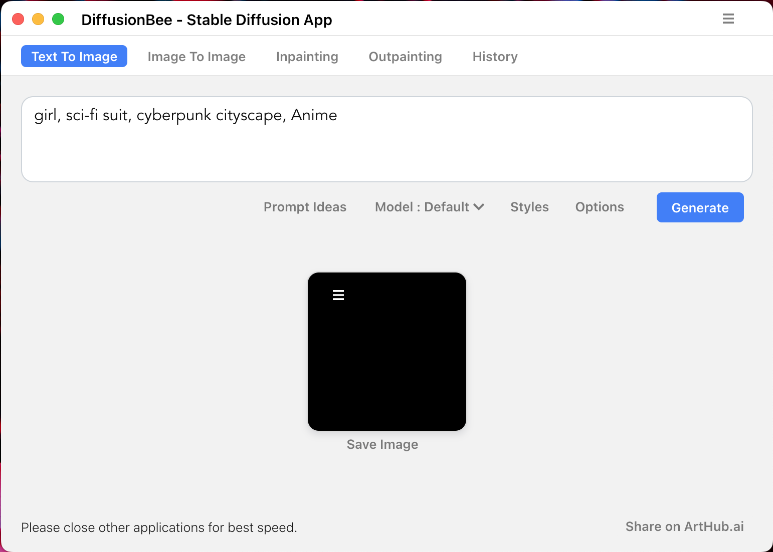 Downloaded DiffusionBee for the first time. The generated image is completely black. What is the ...