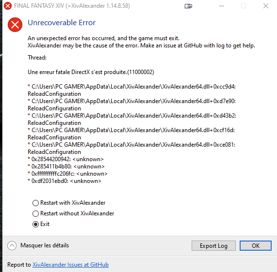 ff14 crash when launching with alexander · Issue #612 · Soreepeong/XivAlexander · GitHub