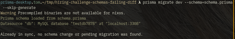 `migrate dev` is broken for simple MySQL schema · Issue #11204 · prisma/prisma · GitHub