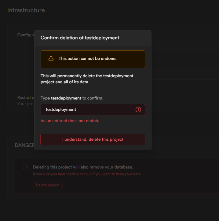 Cannot delete project says value doesn't Match · Issue #8785 · supabase/supabase · GitHub