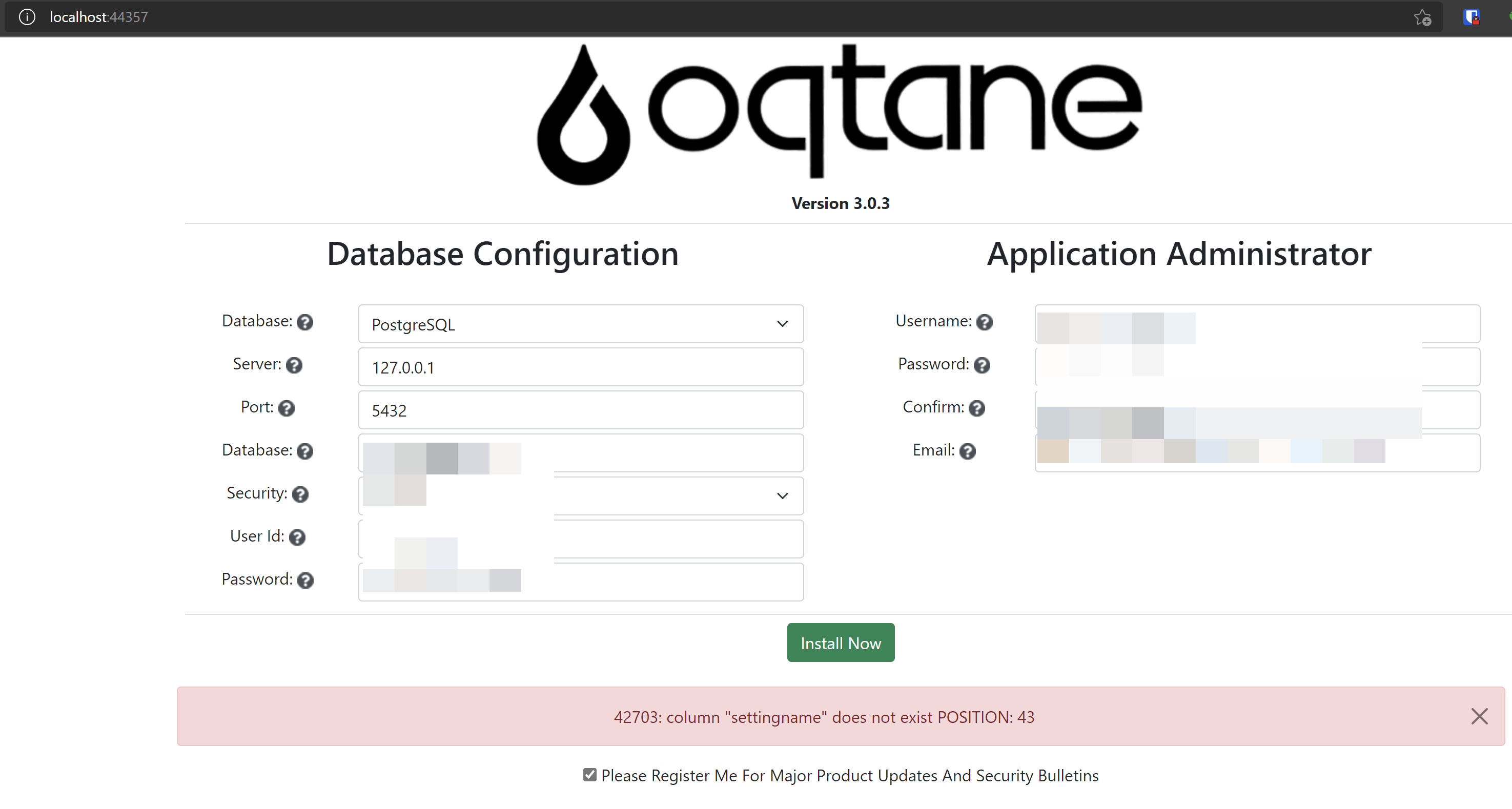 Fresh install with Postgres failed with "42703: column "settingname" does not exist POSITION: 43 ...