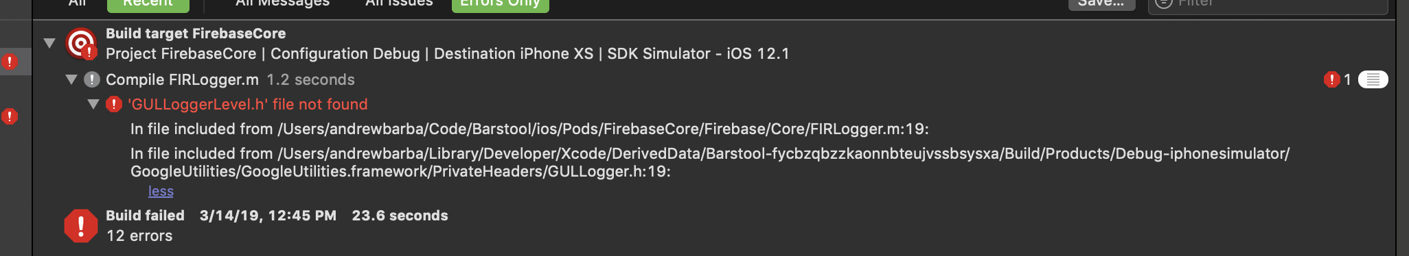 'GULLoggerLevel.h' file not found · Issue #2555 · firebase/firebase-ios-sdk · GitHub