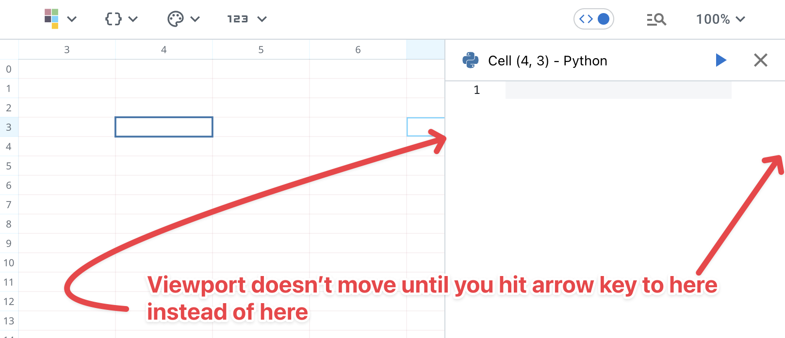 bug: arrow key navigation pans late when the code editor is open ...