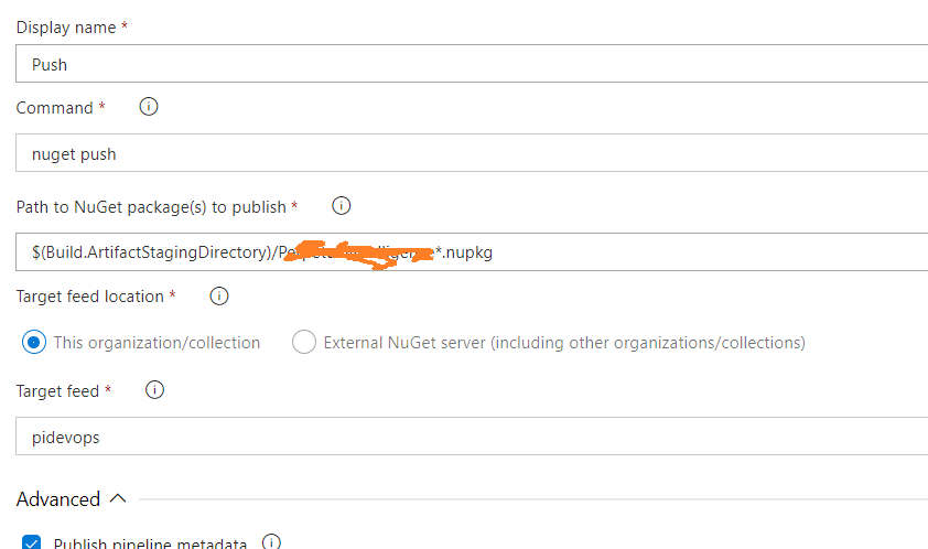 The Azure pipeline Push task is publishing the standard Microsoft Nuget packages to the Artifact ...