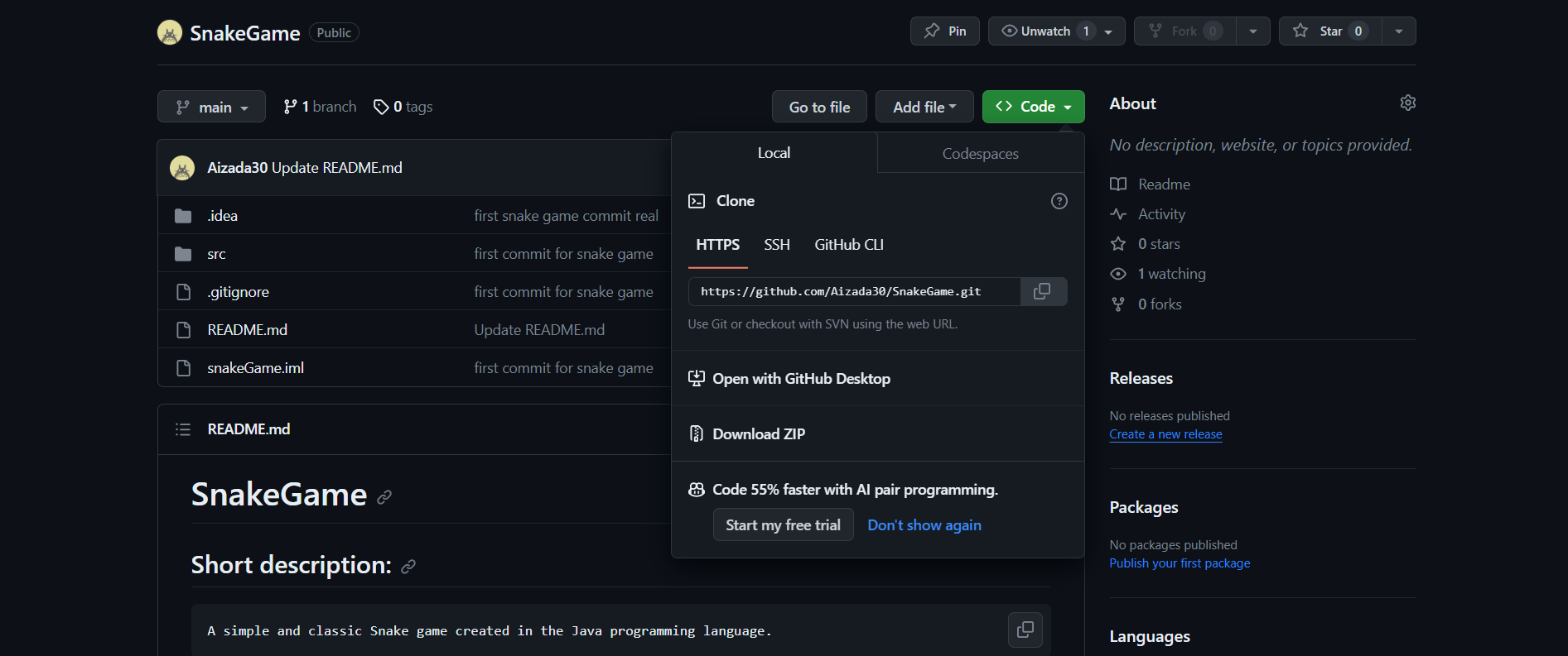 GitHub - Aizada30/SnakeGame