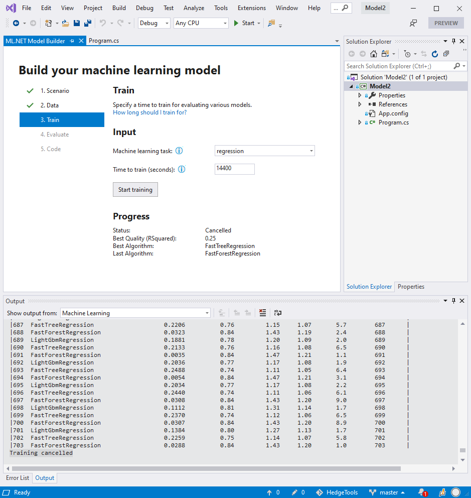 ML.NET aborted with "Training cancelled" · Issue #284 · dotnet/machinelearning-modelbuilder · GitHub