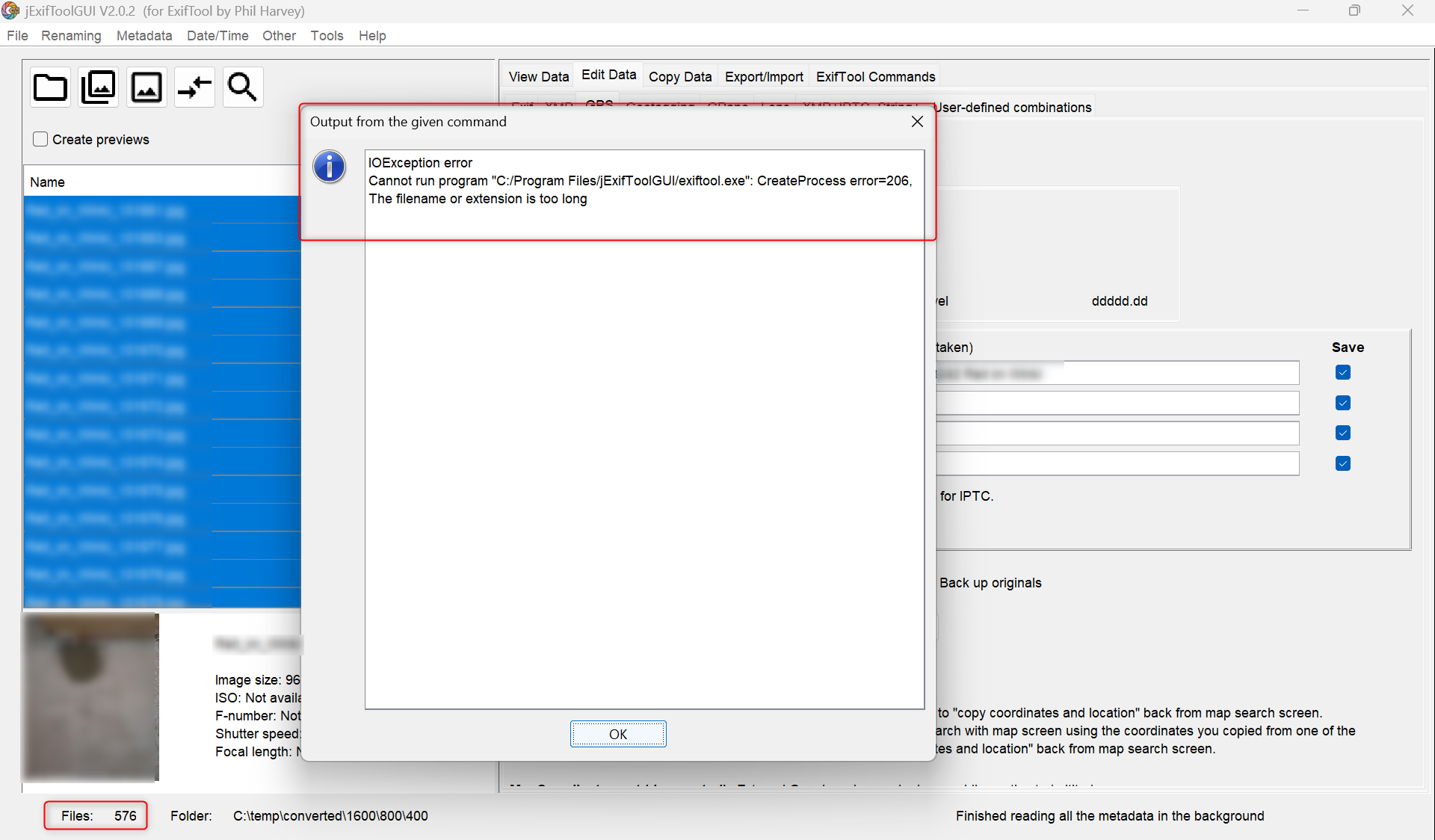 576 files cannot be processed for GPS tab - "save to selected images ...