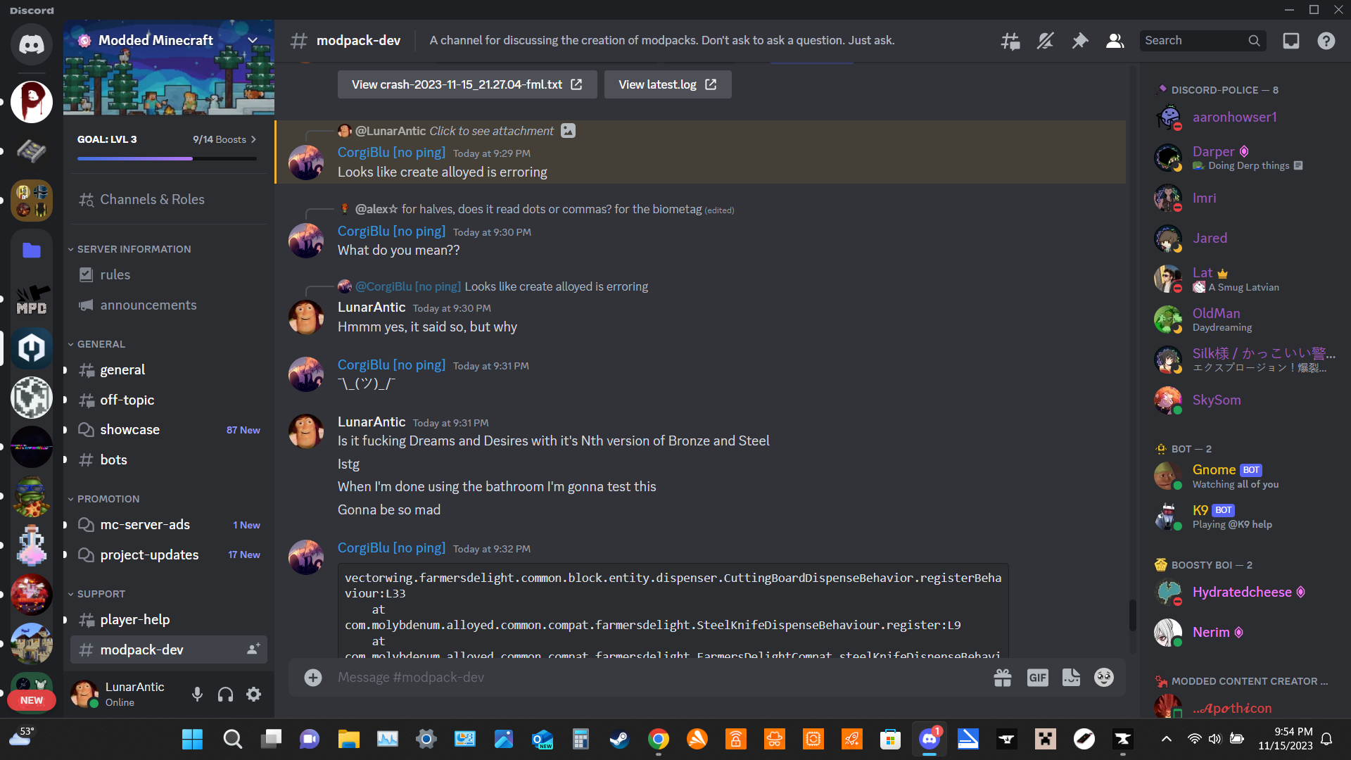 Farmers Delight crashes the whole modpack because of something fucky with the compat knives ...