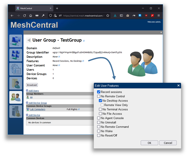 Extend feature on Selected user groups · Issue #3129 · Ylianst/MeshCentral · GitHub