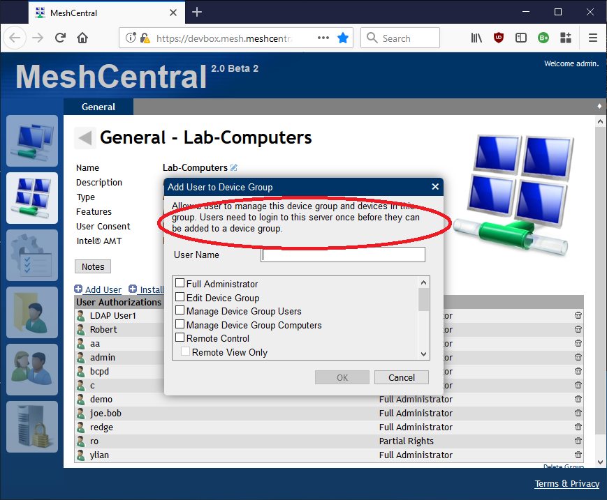 not able Add new users to the Mesh · Issue #224 · Ylianst/MeshCentral · GitHub