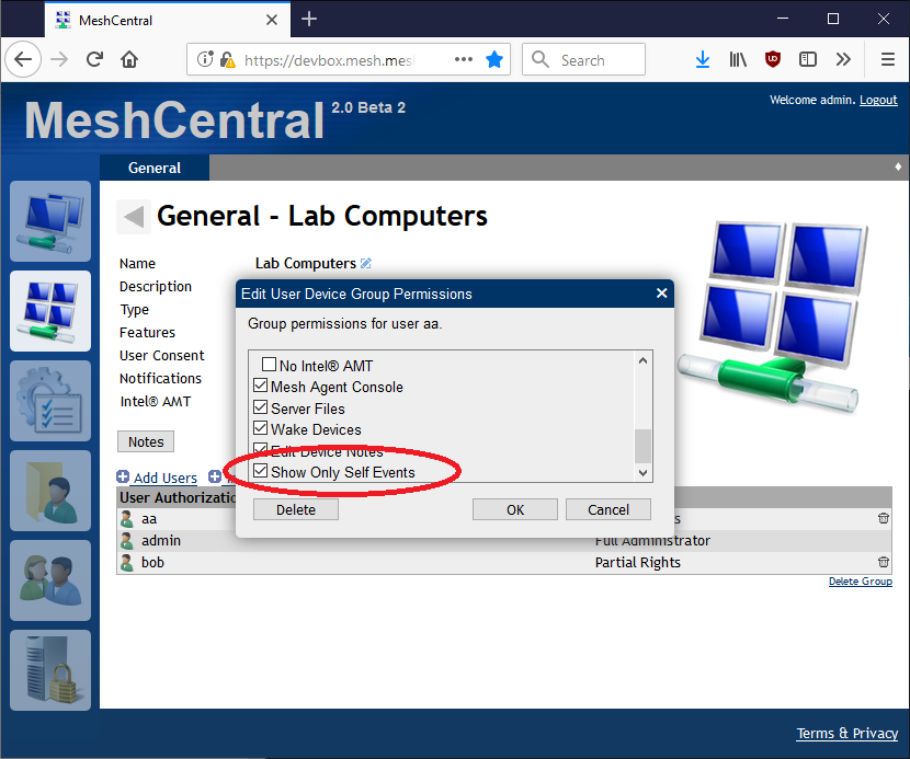 Feature Request: My events limitation to the user · Issue #475 · Ylianst/MeshCentral · GitHub