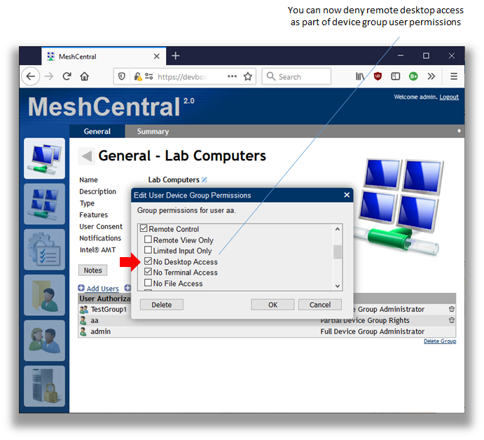 Add User on Device Group with rule "No Desktop" · Issue #998 · Ylianst/MeshCentral · GitHub