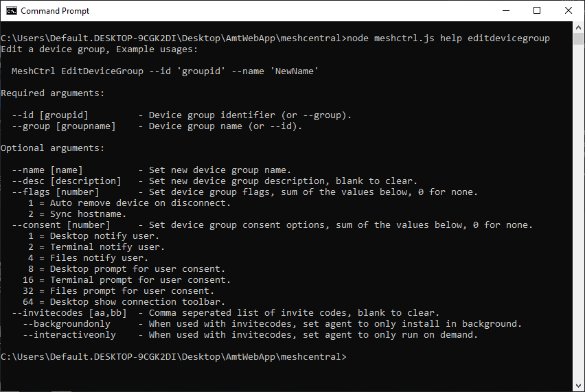 Meshctrl.js can't change device group options · Issue #1634 · Ylianst/MeshCentral · GitHub