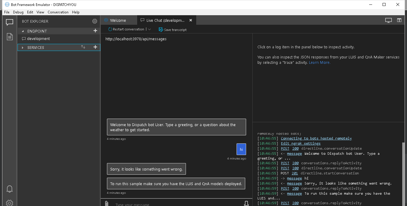 Getting an Sorry no registered Luis and Qna Found error · Issue #1659 · microsoft/BotBuilder ...