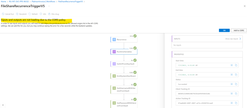 In New Designer Of Logic App Standard Pop Up To Add Cors Setting Is