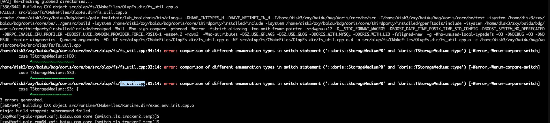 [Bug] Compilation failed fs_util.cpp, via clang · Issue #8775 · apache/doris · GitHub
