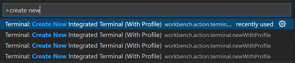Create New Terminal Integrated Terminal (With Profile) command appears ...