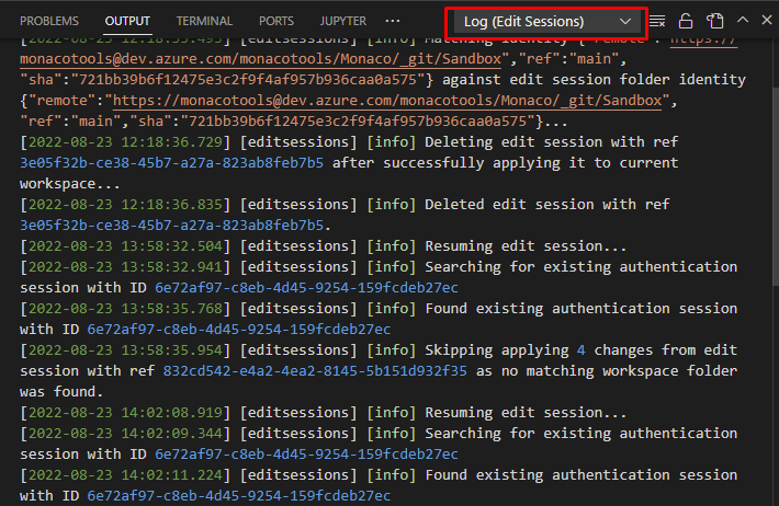 Turn `Resuming edit session...` into a hyperlink which points to the output channel · Issue ...