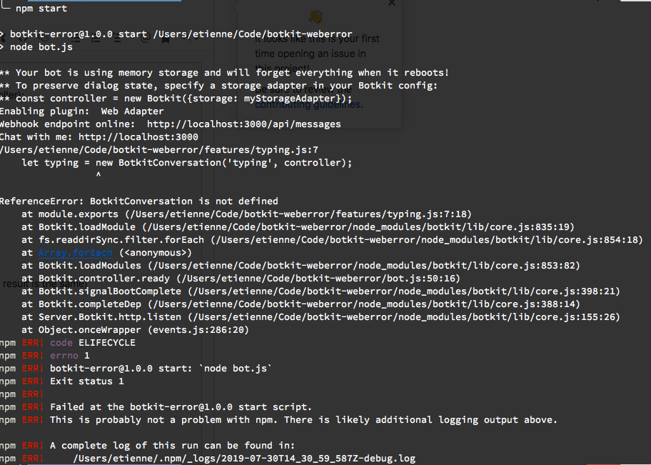 New Web Bot Created With `yo Botkit` Referenceerror Botkitconversation Is Not Defined · Issue
