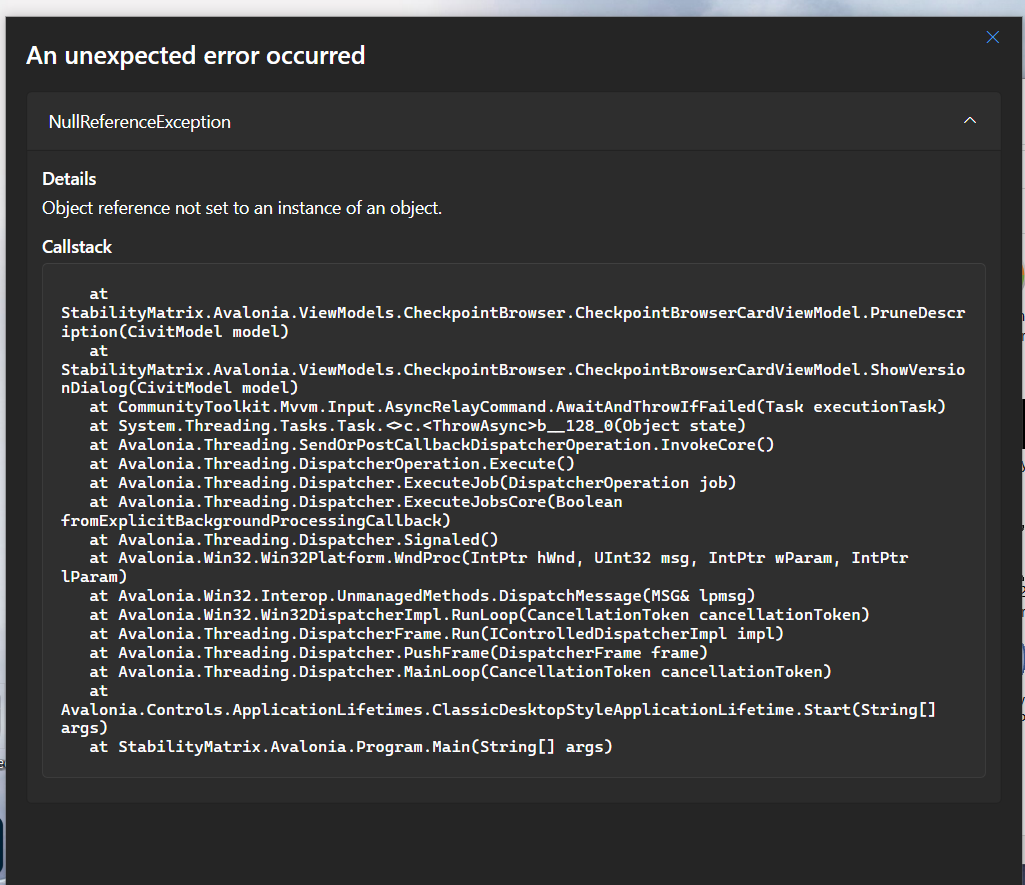 Stability Matrix Crash during use of Model Browser · Issue #220 · LykosAI/StabilityMatrix · GitHub