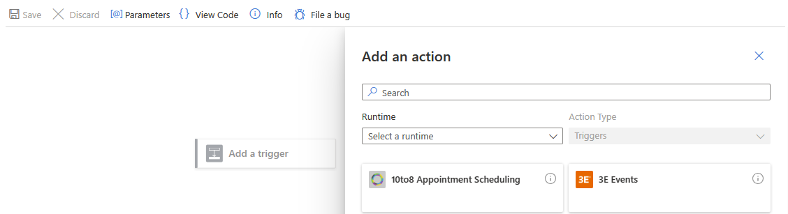 Standard - new designer: The "Add a trigger" card opens a pane called "Add an action", but ...