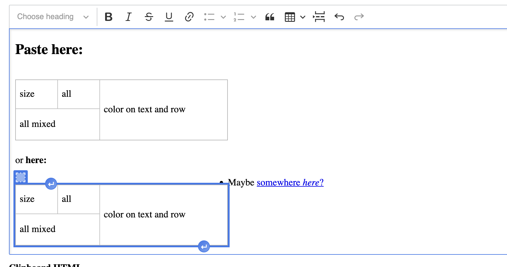 After pasting a table from Excel, the text that should appear below it is instead positioned to ...