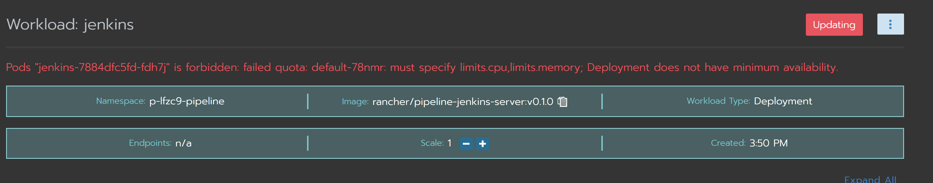 Rancher Pipeline's jenkins init failed due to no resource quotas · Issue #16538 · rancher ...