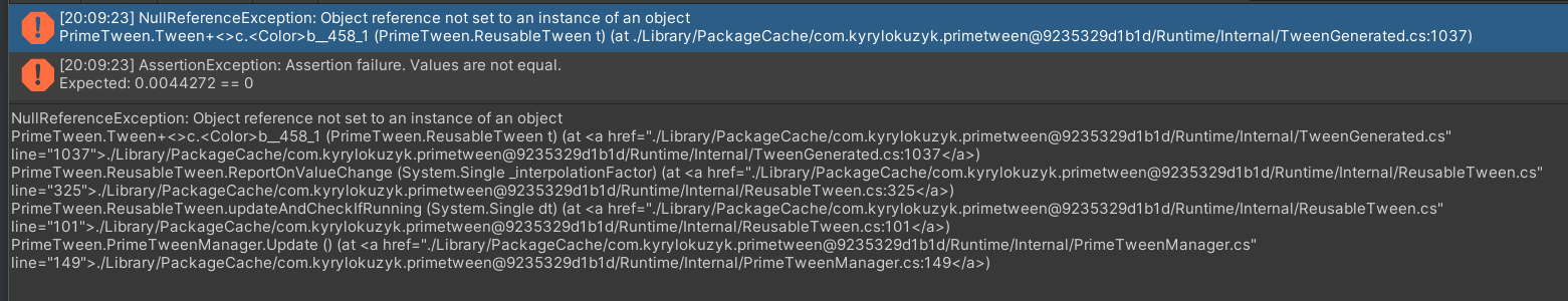Null Ref In Primetweenmanagerupdate If A Null Unityengineobject Is Passed To Tween 3380