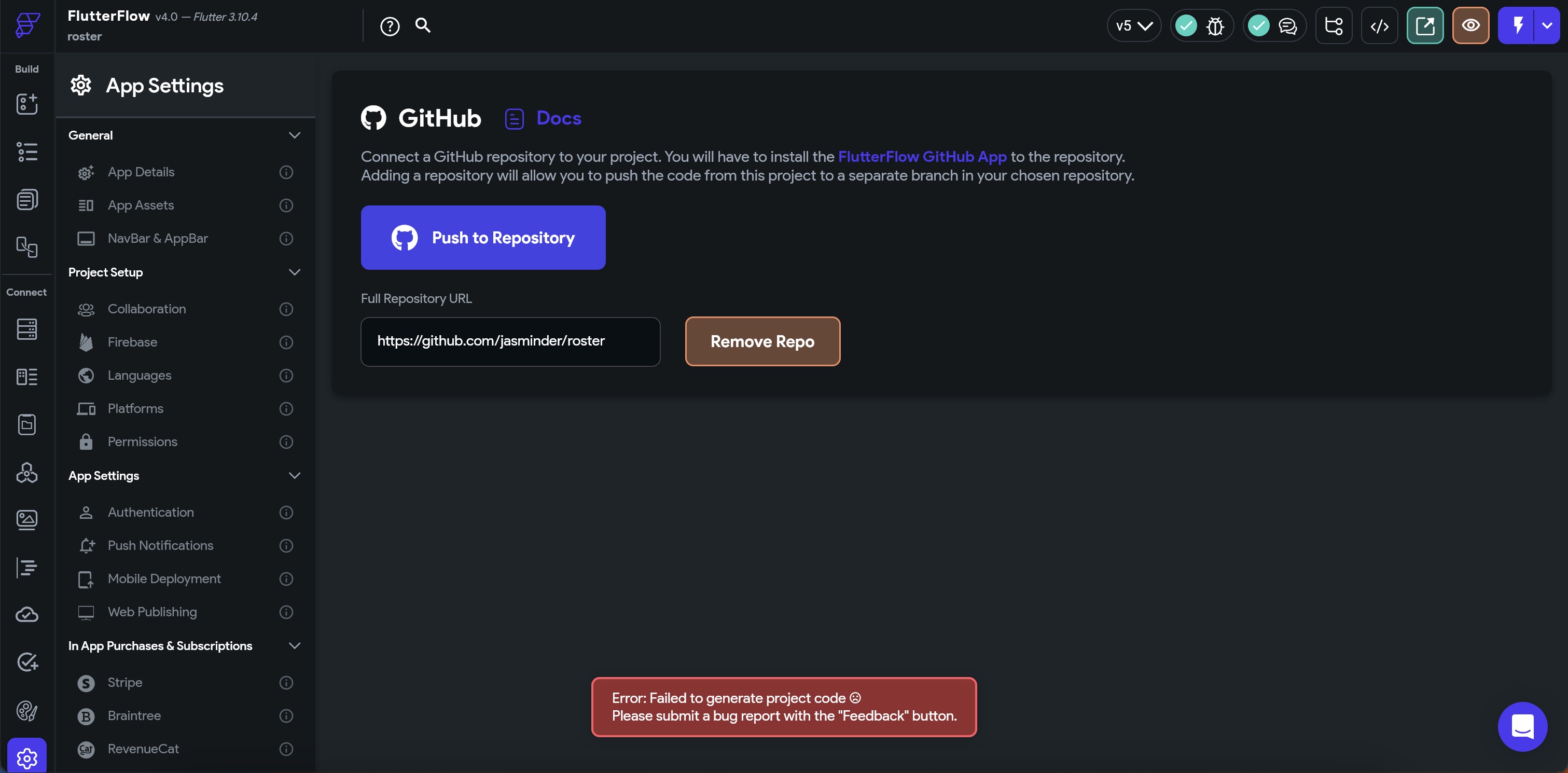 Error: Failed to generate project code [ Push to Repo ] · Issue #1591 · FlutterFlow/flutterflow ...