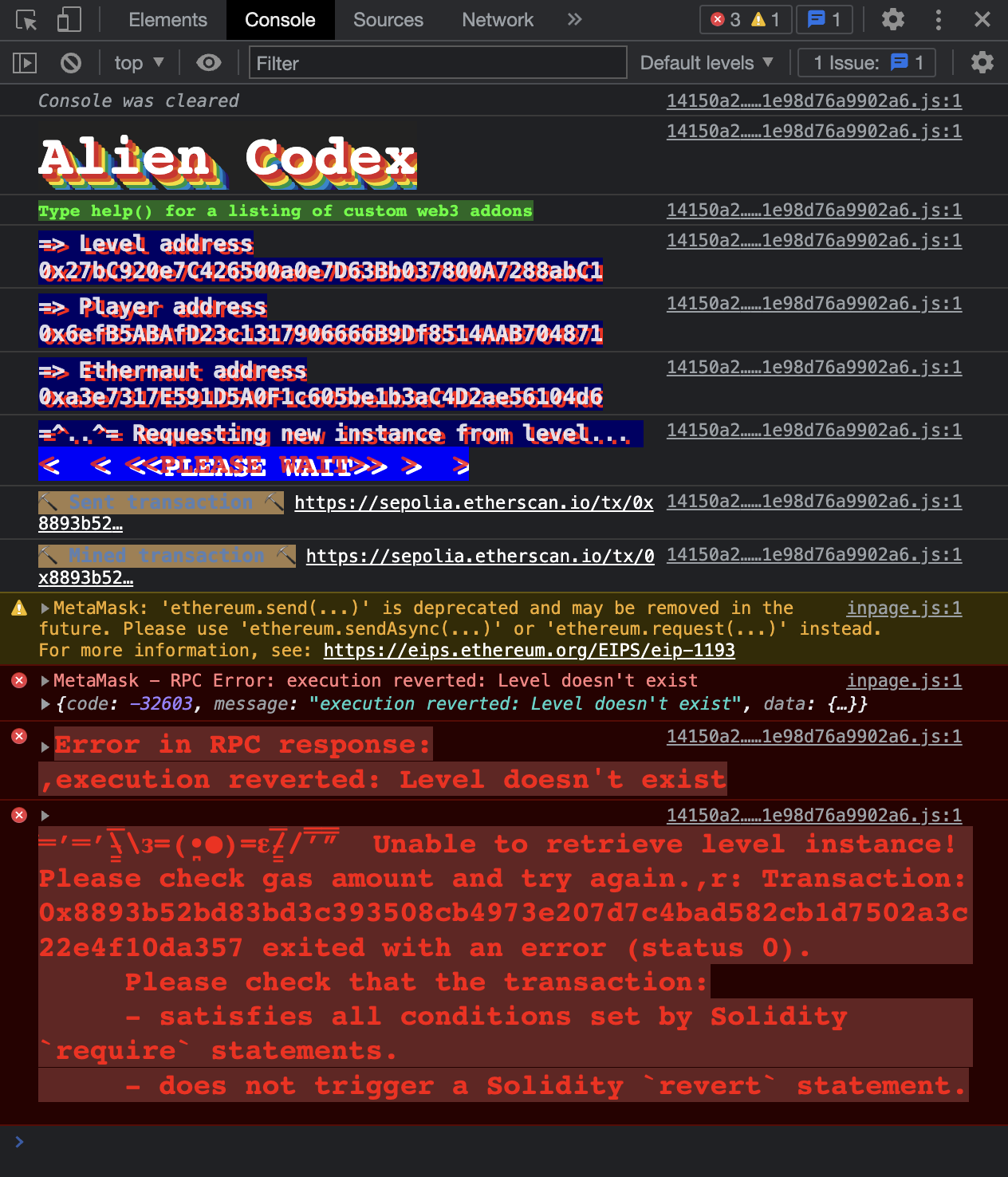 Cannot create new instance for level 19 Alien Codex in Sepolia testnet ...