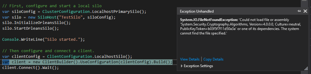 Minimal Project: Could not load file or assembly 'System.Security.Cryptography.Algorithms ...